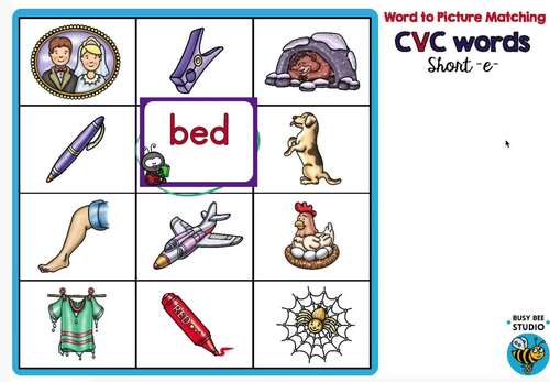 CVC Words Game Word to Picture Matching Boom Cards Short E by Busy Bee ...