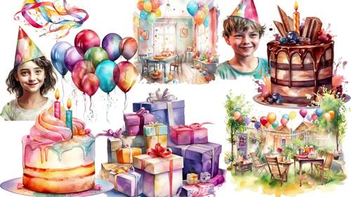 Watercolor Birthday Party Clipart Set of 20 Files by ArtisticTimberStudio
