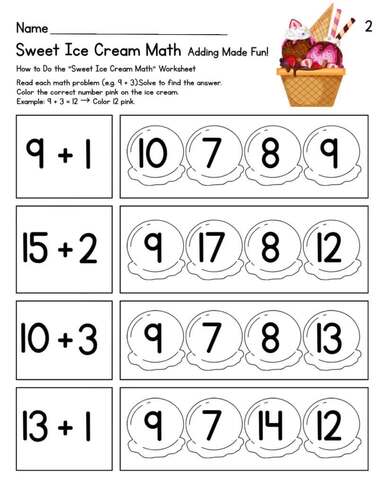 Ice Cream Addition Worksheets | Color by Code | Summer Math Fun for K-2