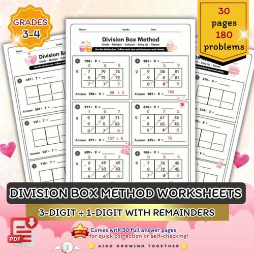Valentine’s Day Division Box Method Math Worksheets L2 for Grades 3–5