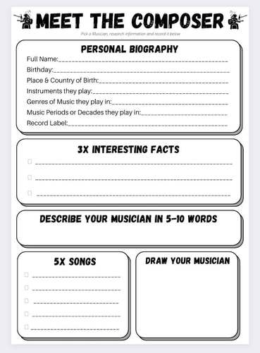 Meet the Composer/Musician | Printable Research Worksheet for Sub/Workbook