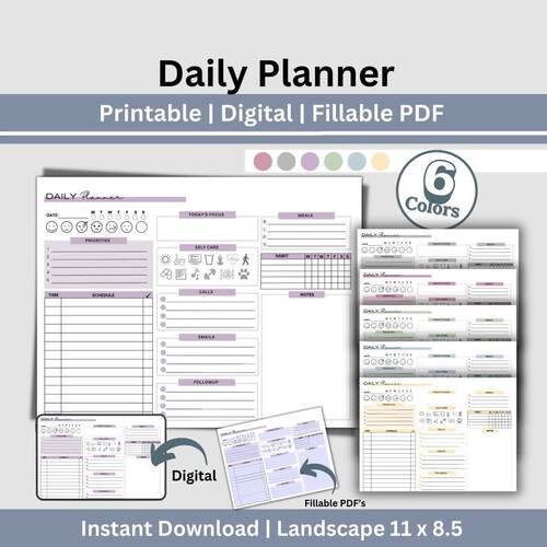 Daily Planner, Landscape Printable Schedule, Digital Daily Schedule
