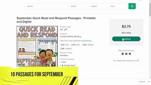 September Quick Read and Respond Passages - Printable and Digital