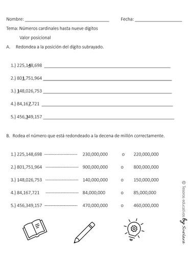 Redondear números cardinales, valor posicional - Hojas de práctica