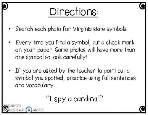 I Spy Virginia State Symbols - First Grade Social Studies Activity (SOL ...