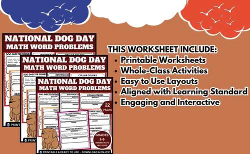 National Dog Day Math Word Problems Worksheets, 3rd 4th 5th 6th Grade
