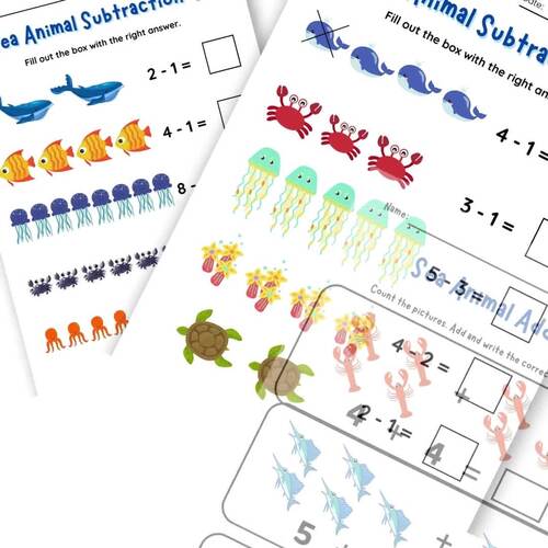 Sea Animal Math Worksheets 1–10, Counting, Tracing, Addition & Subtraction