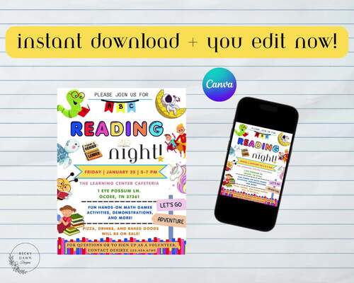 Editable Family Reading Night Flyer, PTO PTA Family School Flyer