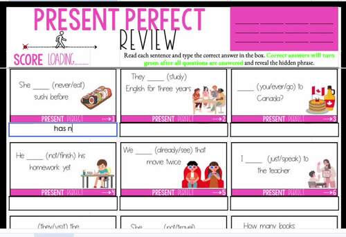 Present Perfect Review for Google Sheets Interactive ESL Grammar Game