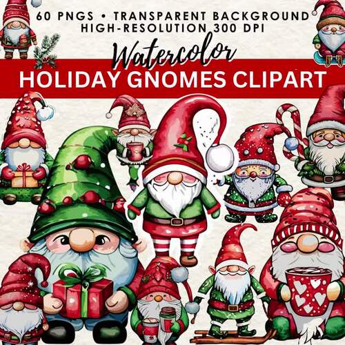 Holiday Gnomes Clipart, Watercolor Clip Art Bundle, Holidays Clipart PNG