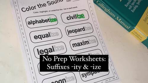 NO PREP Suffixes ity ize : Phonics Worksheets & Decodable Passage