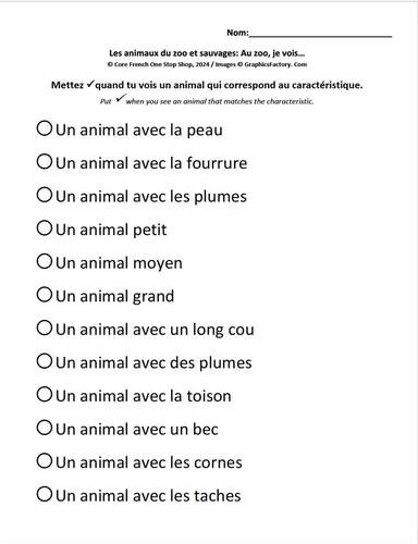 Core French Zoo and Wild Animals Student Handout: Au Zoo, je vois ...