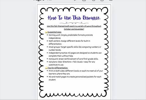 Fall Math Worksheet Pack (16 Pages) | Differentiated Math Activities