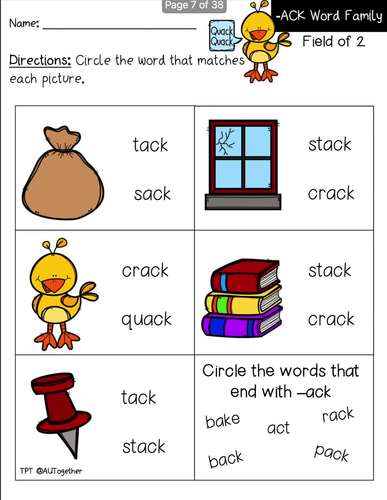 Word Families Worksheets -ack, -all, -amp by AUtogether | TPT
