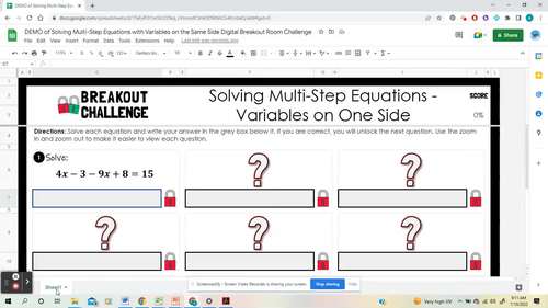 Solving Multi-Step Equations DIGITAL Breakout Challenge Activity