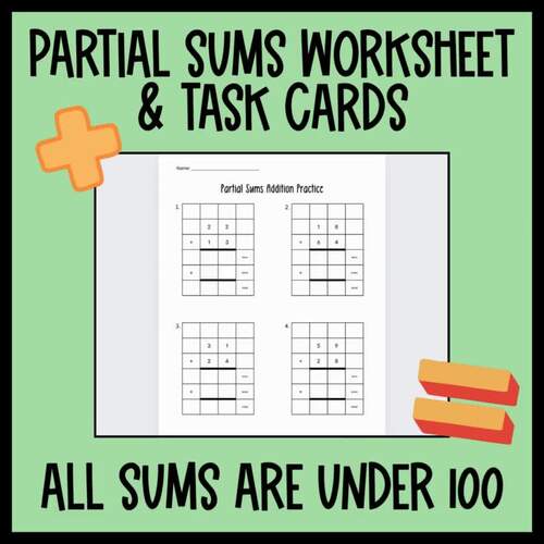 Partial Sums Addition Worksheets and Task Cards - Adding 2 Digit Equations