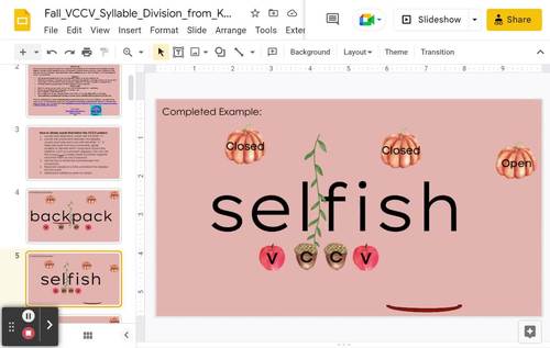 Fall Phonics Syllable Division for First Grade: VCCV Pattern Google Slides™