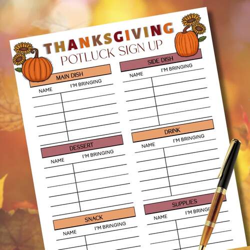 Thanksgiving Potluck Sign Up Sheet | Printable Holiday Food List Form
