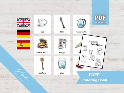 KITCHEN UNTENSILS • 30 Montessori Cards • German English Spanish Flash Card