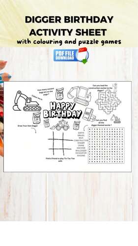 Digger Birthday Activity Sheet, Construction Coloring Page, Party ...