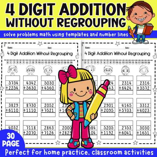 4 Digit Addition Without Regrouping Worksheet, Math Practice Activity