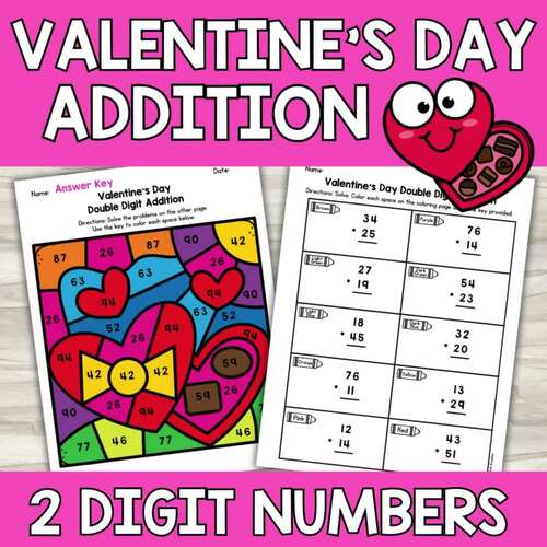 Valentine's Day Double Digit Addition Color by Number | Math Coloring ...