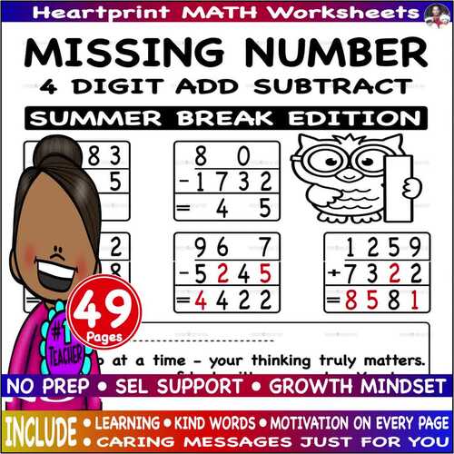 4 Digit Add Subtract With Regrouping - cross missing number - Summer ...