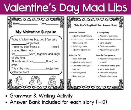 Valentine’s Day Mad Libs Practice Nouns, Verbs & Adjectives | TPT
