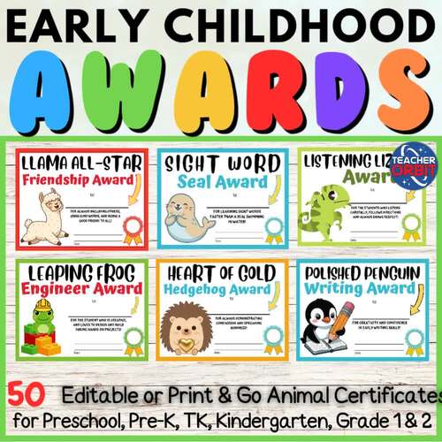 Preschool Awards | Kindergarten Pre-K TK 1 2 | Animal Editable | End of ...