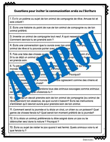 Animal photo writing prompts | oral communication | centres en Français