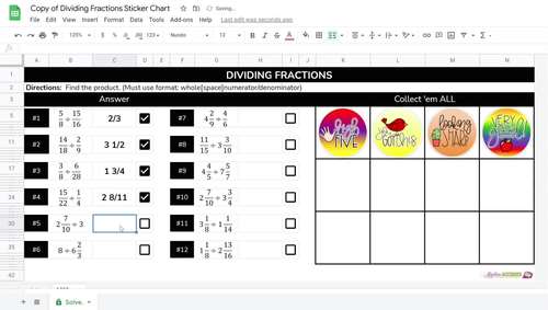 Google Sheets Math Dividing Fractions STICKER CHART by Algebra Accents