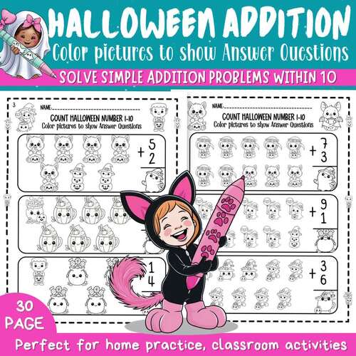 Halloween Addition Worksheets for Kindergarten | Count, Add and Color ...