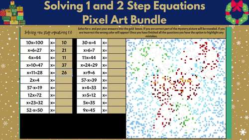 Solving 1 and 2 Step Equations Christmas Math Pixel Art Mystery Picture ...