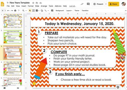 Editable Morning Work Presentation Google Slides PPT Templates | New Years