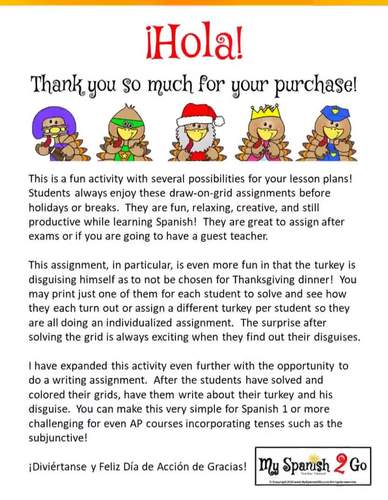 THANKSGIVING Vocabulary in Spanish--Draw-On-Grid--Turkeys in Disguise!