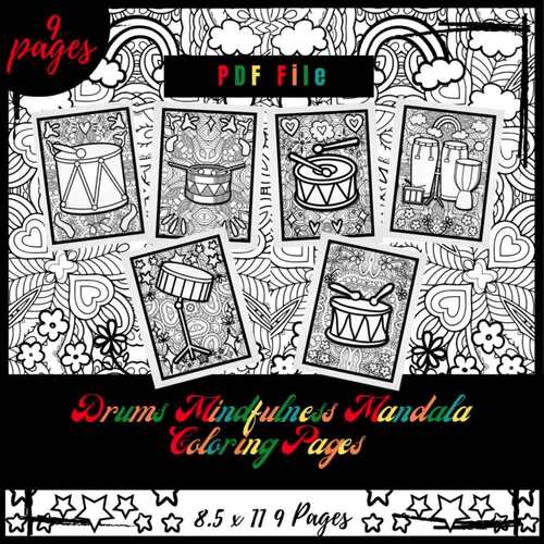 Drums Mindfulness Mandala Coloring Pages, Music Coloring Printable ...
