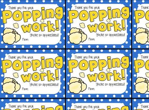 Popcorn Snack Staff Appreciation Treat Tag- Thank you for your popping ...