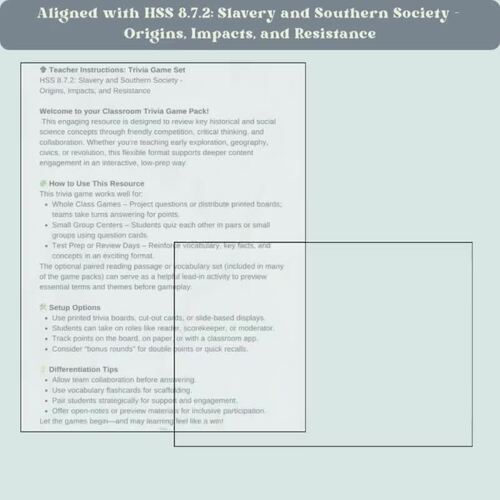 The Development of Slavery & Its Societal Impacts • Trivia Game — HSS 8.7.2