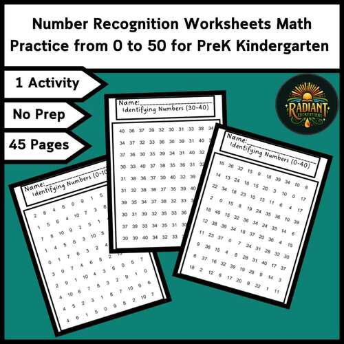 Number Recognition Worksheets Math Practice from 0 to 50 for PreK ...