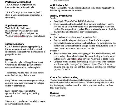 Falling Leaves Painting inspired by Mouse's First Fall. Art Lesson Plan