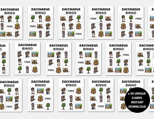 Zacchaeus Bible Story Bingo Game with 30 Bingo Cards for Sunday School