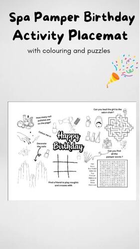 Spa Pamper Birthday Activity Place Mat, Coloring Page Sheet, Party Favour,