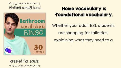 Adult ESL Bathroom Vocabulary Bingo Game | Home & Daily Living Words ...