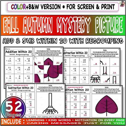 Addition & Subtraction Within 20 with Regrouping | Fall Autumn Mystery ...