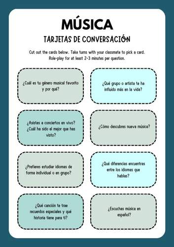 MUSIC CONVERSATION CARDS SPANISH MÚSICA TARJETAS CONVERSACION | TPT