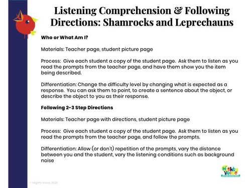 St. Patrick's Day Listening & Following Directions for Speech ...