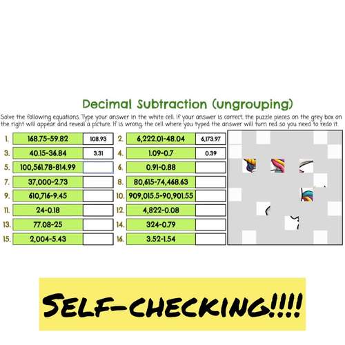 Subtracting Decimals with Ungrouping- Digital Self Grading by Ms Pat Store