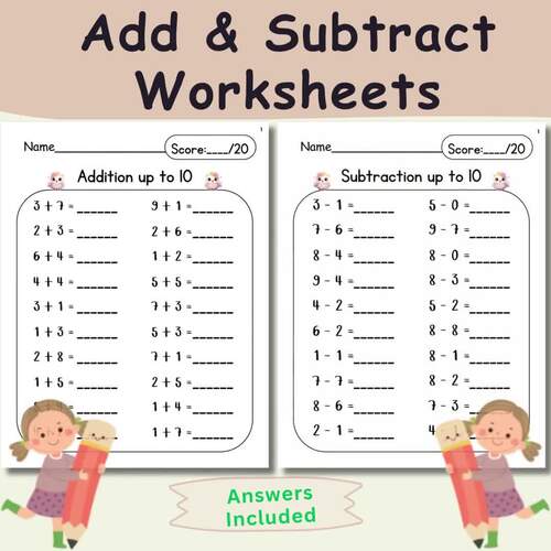 Addition & Subtraction Worksheet up to 10 - 60 pages + Answer Key - K-1 ...