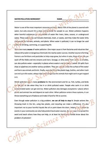 Water Pollution Comprehension Worksheet for Grades 5-7 – Answers ...