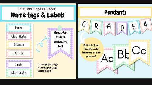 Pastel Gingham Bundle: folder covers, binder spines, name tags ...